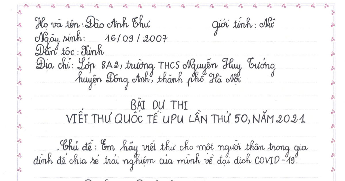 Toàn văn bức thư cảm động đạt giải Nhất cuộc thi viết thư UPU 50